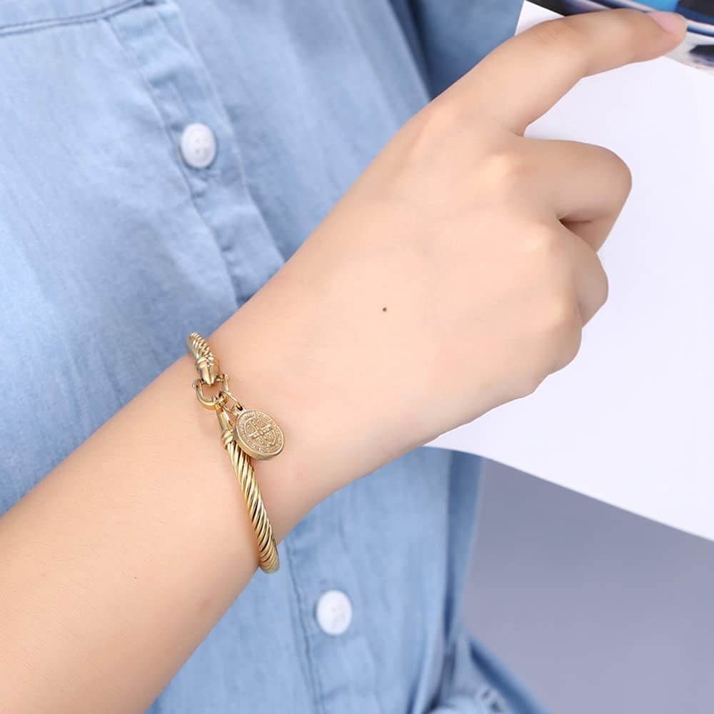 MORE FUN Catholic Saint Benedict Bracelets, Blessings Medal Stainless Steel Charm Pendant Twisted Cable Bangle Bracelet, Gold Plated