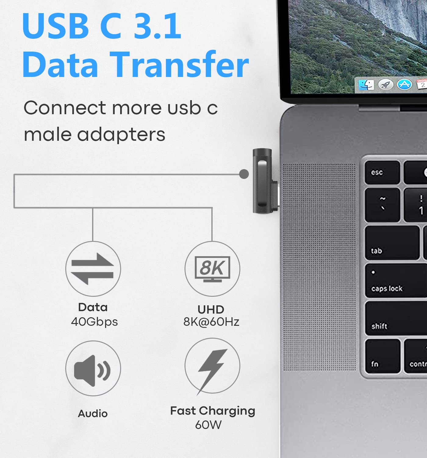 TECHTOBOX Right Angle USB-C Adapter [2 Pack] Flat 90 Degree USB Type C Male to USB-C Female Adapter Support 8K Video 60W Fast Charging 40Gbps Data for Steam Dock,Switch,Laptop,Tablet,Phones