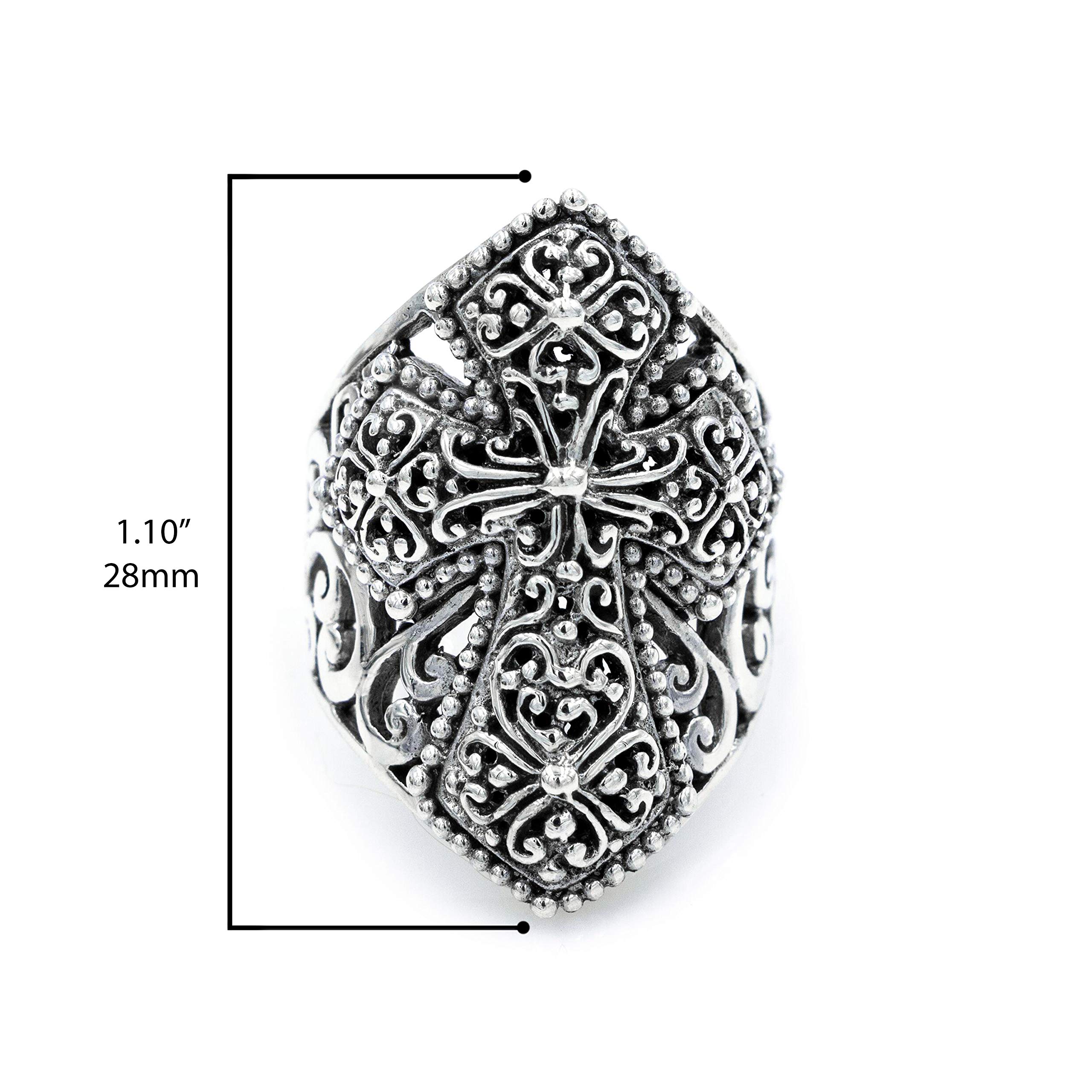 Sarda - .925 Sterling Silver Openwork Janyl Adair Filigree Pointed Cross Shield Statement Ring - Handmade by Bali Artisans - Size 6