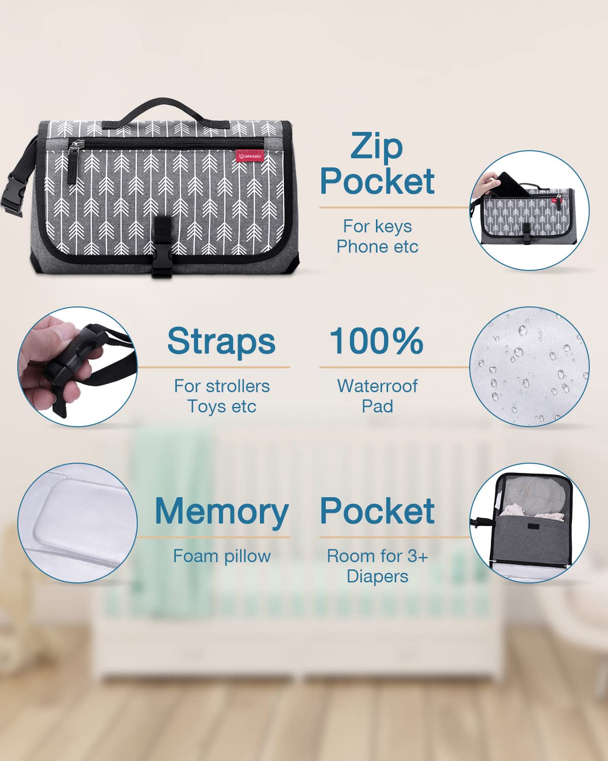 Lekebaby Diaper Changing Pad Portable Changing Pad Baby Change Mat Waterproof with Built-in Head Cushion, Grey with Arrow Print