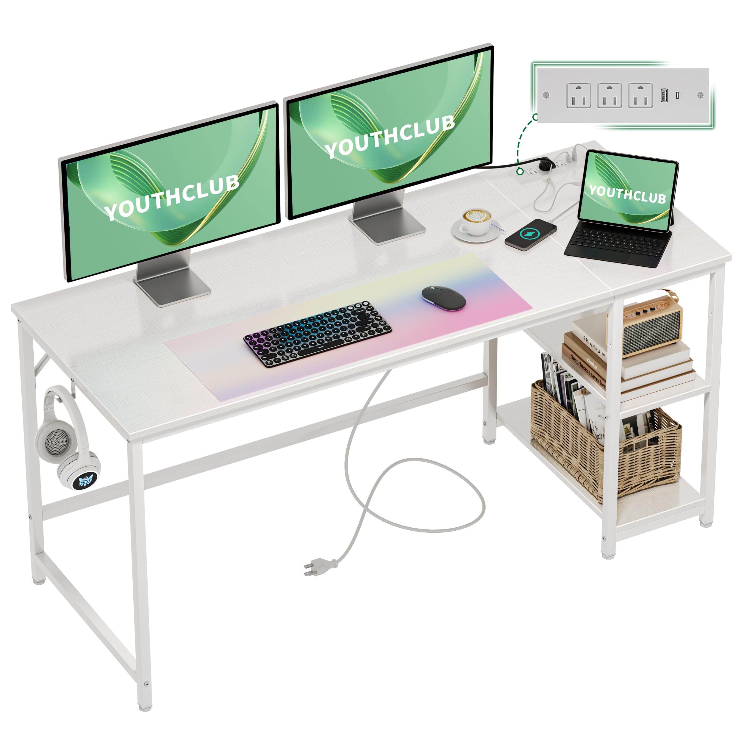 YOUTHCLUB Computer Desk, 60 inches Desk with 2 Shelves, Home Office Desk with USB/Type-C Charging Ports & Power Outlets, Study Table for Adults, Black
