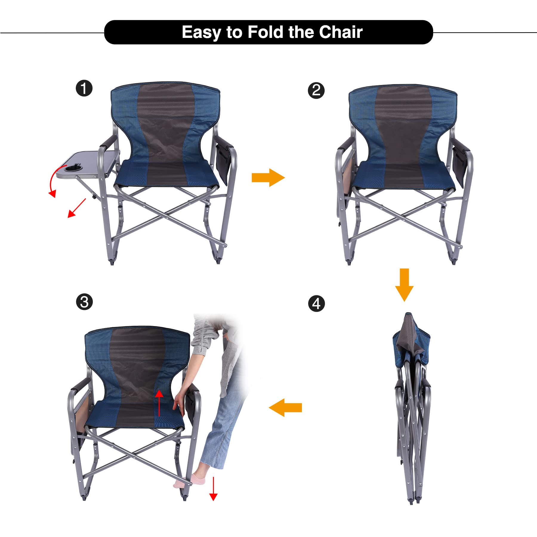 REDCAMP Oversized Folding Camping Chairs with Side Table, Sturdy Comfortable Foldable Director Chairs for Outside Lawn Outdoor Fishing Picnic, Easy to Carry, Blue 2-Pack