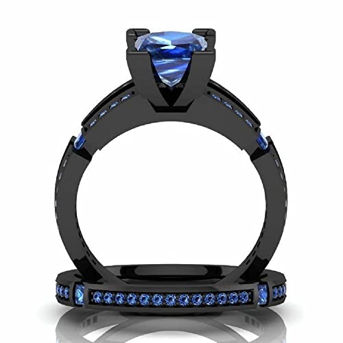 Samarth Princess & Round Cut Blue Sapphire 925 Sterling Silver 14K Black Gold Over Diamond Engagement Wedding Bridal Ring Set for Women's