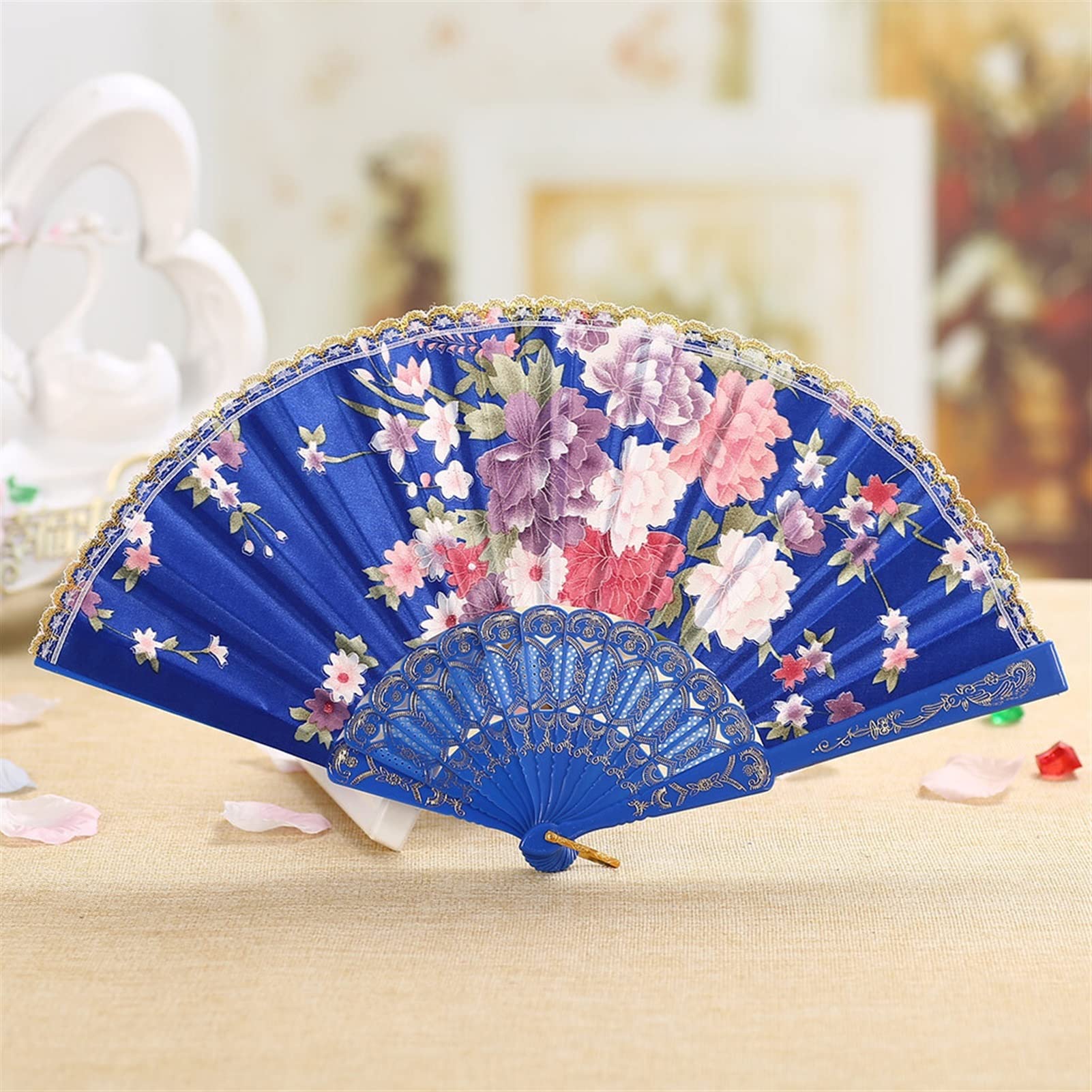 ONGHAHYIS Folding Fans Folding Fans Beauty Lace Dance Wedding Hand Fan Folding Held Flowers Fans Decorative (Color : Deep Blue)