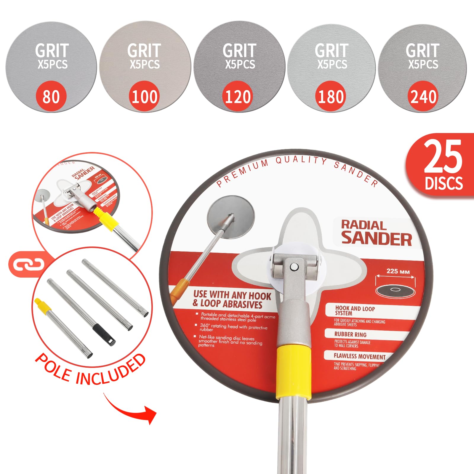 𝙐𝙥𝙜𝙧𝙖𝙙𝙚 Wall Sander for Painting Prep,9 inch Drywall Sander with Extension Pole for Wall Cleaning and Polishing,360 Circular Radial Sander + 25pcs Wall Sanding Discs