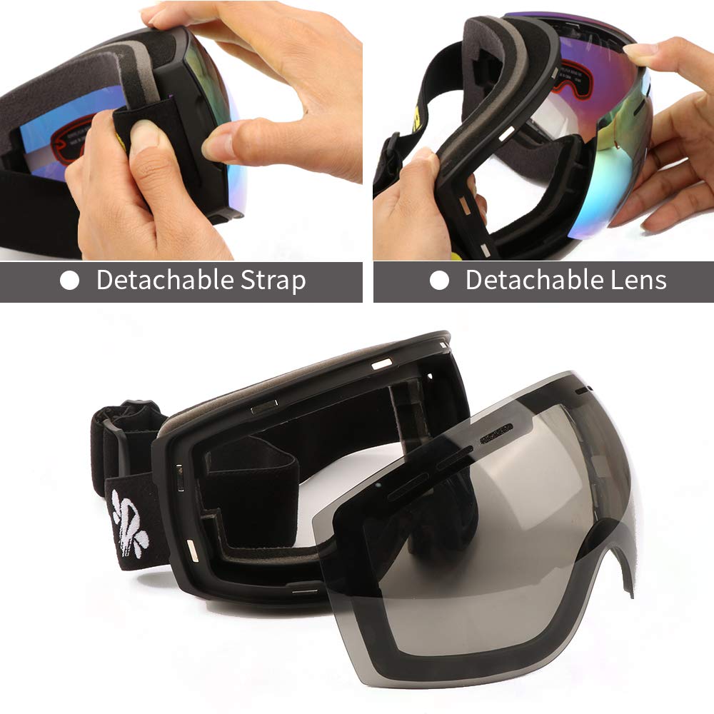 LR Ski Goggles Snowboard Goggle Over Glasses with Anti-Fog Spherical Dual Interchangable Lens for Men Women UV400 3002 (Black/Classic Grey)