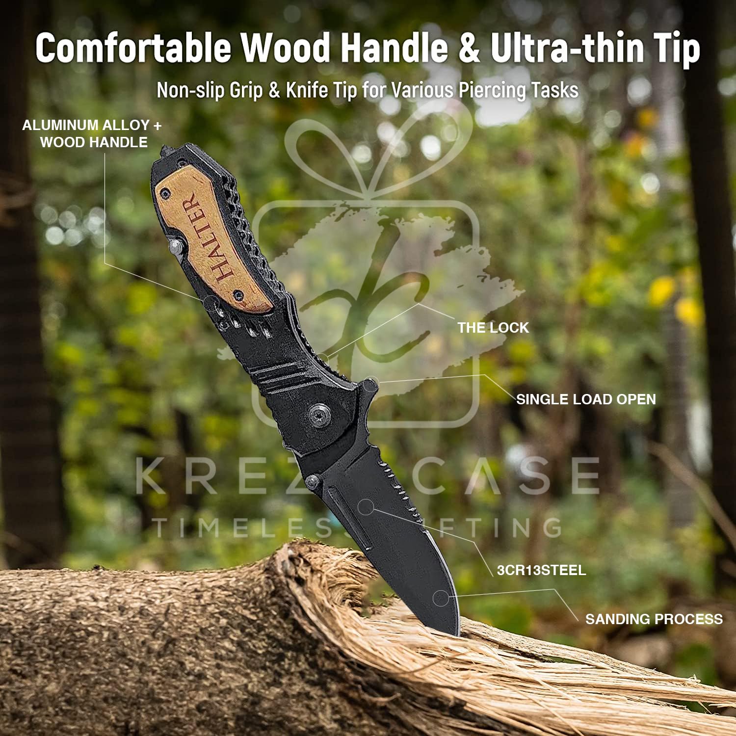 Krezy Case Personalized Knife For Men Engraved, Custom Pocket Knife With Wood Box, Folding Knife For Men, Black 3 Mm Thick Stainless Steel Blade Pocket Knife, Gift For Him