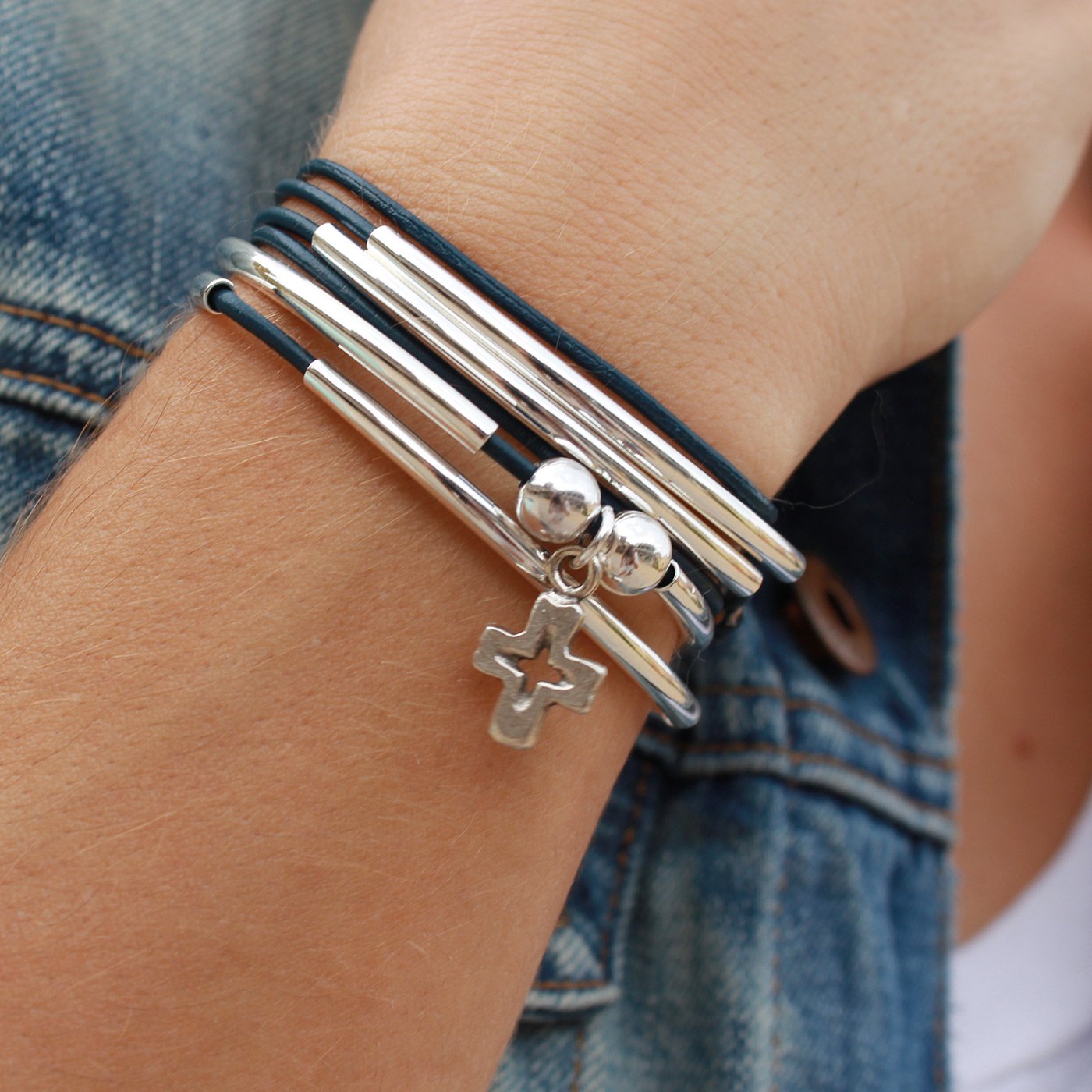 Lizzy James Girlfriend Silver Wrap Charm Bracelet Necklace w Open Cross Charm in Gloss Navy Blue Leather (Medium)