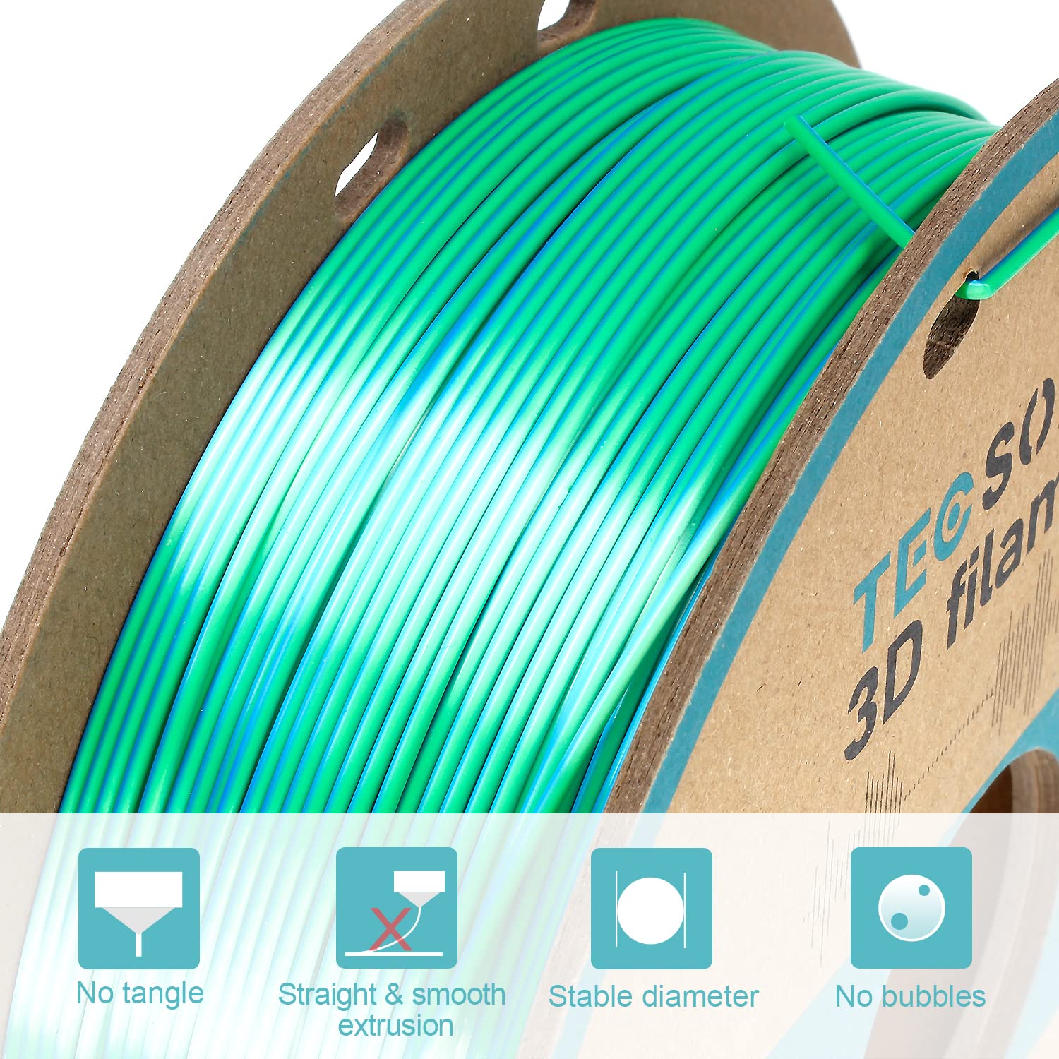 TECSONAR Silk Dual Color PLA Filament Coextrusion Filament Multicolor 3D Printer Filament 1kg Dichromatic Filament 1.75mm (± 0.03 mm) Compatible w/Most of 3D Printer, Silk Blue Green