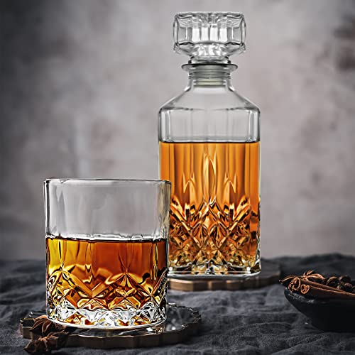 Whiskey Decanter Set 7 Pieces ,Crystal Whiskey Bottle With Glass Stopper, 4 Whiskey Glasses, 6 Cooling Whiskey Stones and Ice Clips, Whiskey, Scotch, Men, Holiday Gifts, Bar Essentials, 32OZ