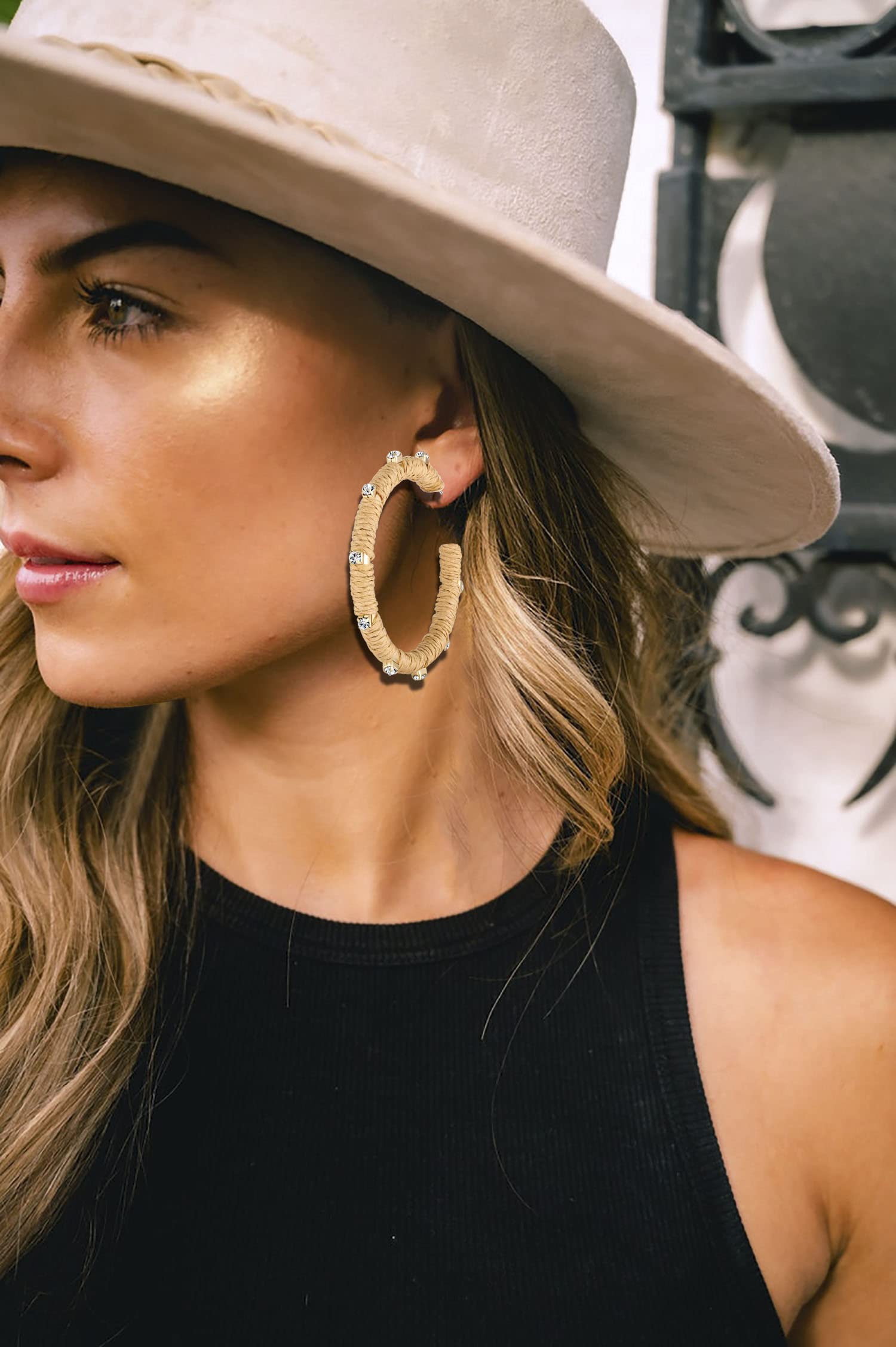 Rattan Earrings for Women Boho Statement Rhinestone Rattan Big Hoop Earrings Handmade Raffia Woven Straw Wicker Earrings Summer Beach Jewelry Gifts(Brown)