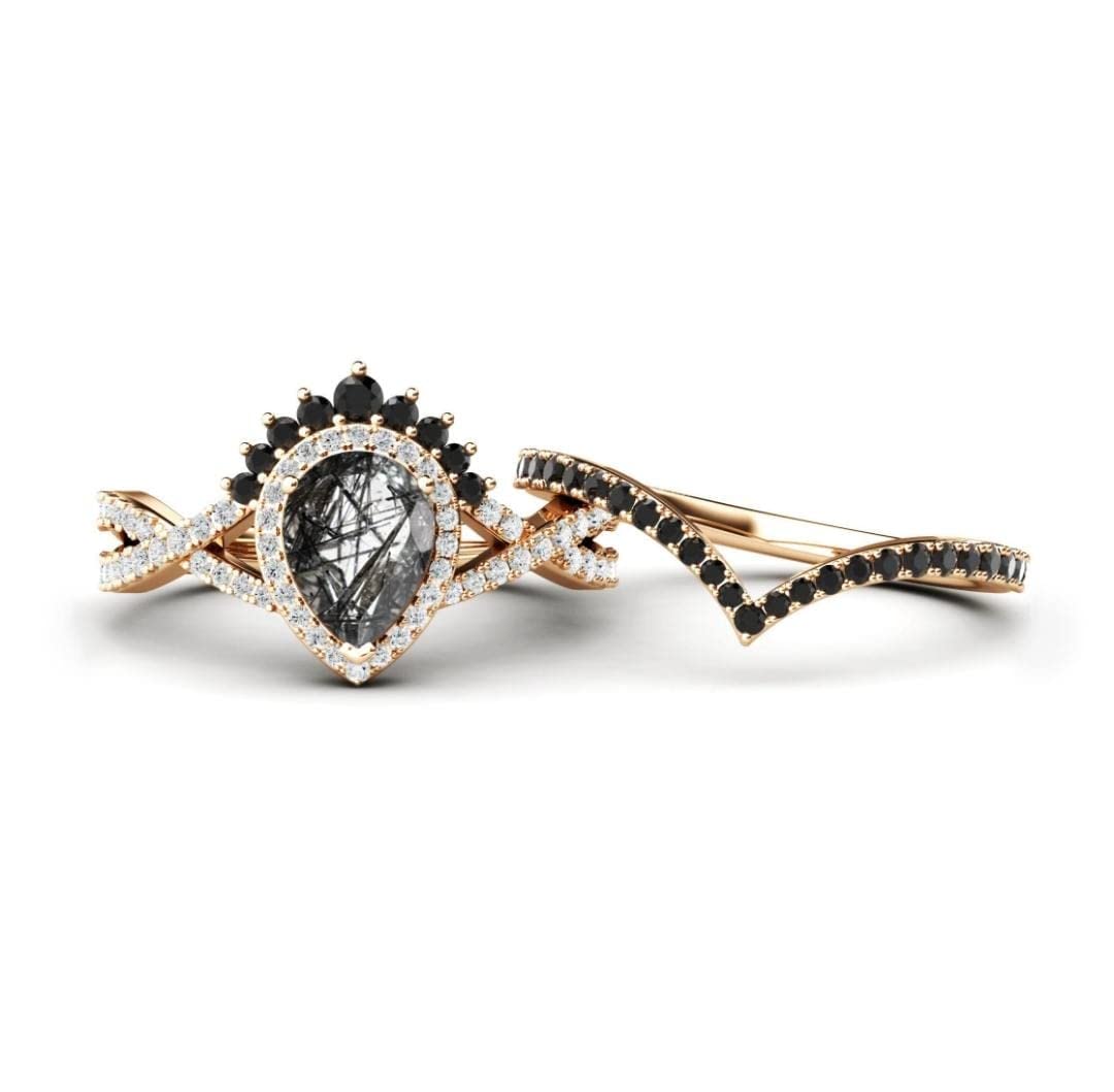 Rutilated quartz ring, Rutilated quartz engagement ring set, Chevron ring set, Rose gold Vintage Wedding ring set, Anniversary promise ring (White Gold, 6)