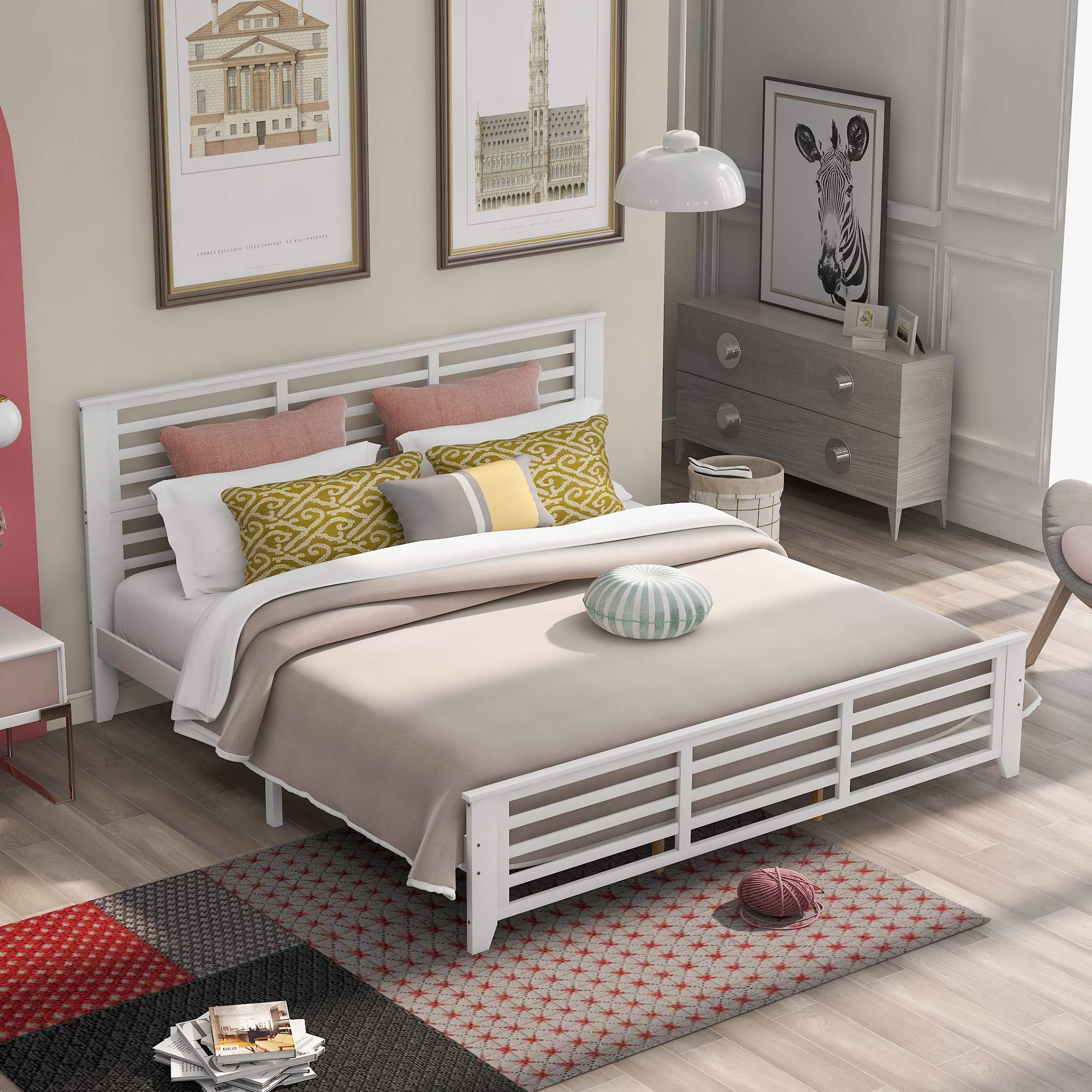 LostCat King Size Platform Bed Frame with Headboard and Footboard,Modern Solid Wood Bed with Horizontal Strip Hollow Shape for Adults,Teens,Wood Slat Support,No Box Spring Needed,White