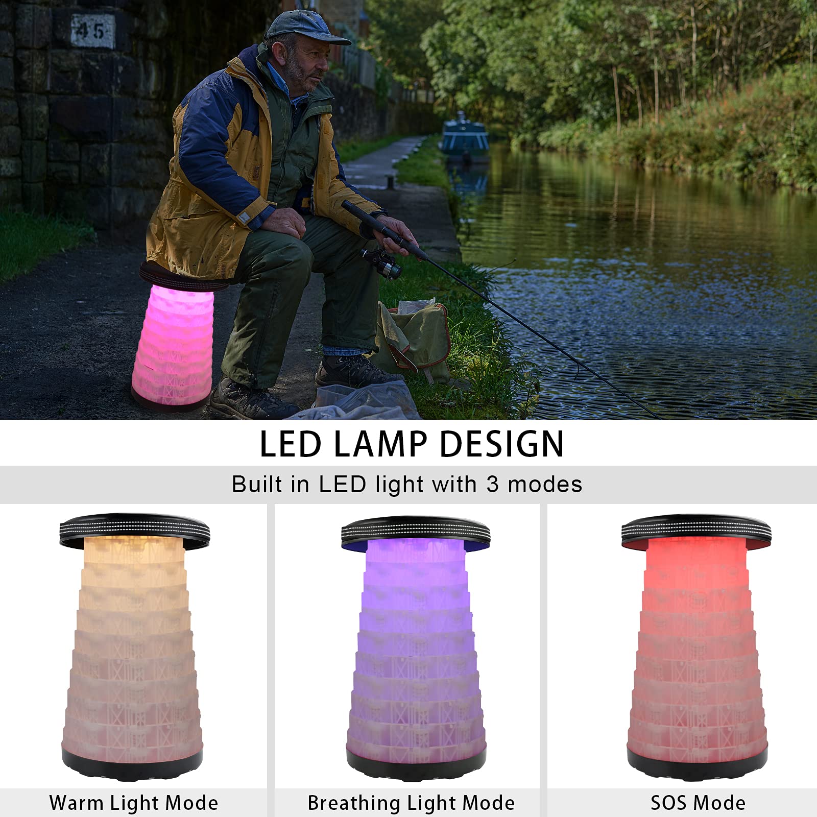 Retractable Folding Stool Portable Stool Collapsible Stool with LED Light 1 Second Open More Sturdy Telescoping Stool Load Capacity 400lbs for Outdoor Fishing Camping Hiking Travelling (Black)