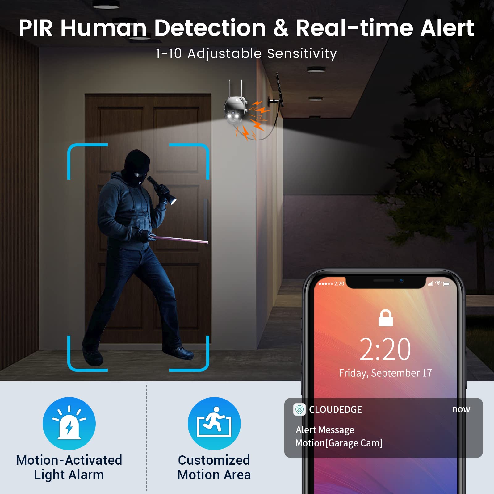 Solar Security Camera Outdoor, 2K Color Night Vision, 2.4Ghz WiFi 360° PTZ Camera, Battery Powered Camera for Home Security, PIR Human Detect with Spotlight, 2-Way Talk, IP66, SD/Cloud