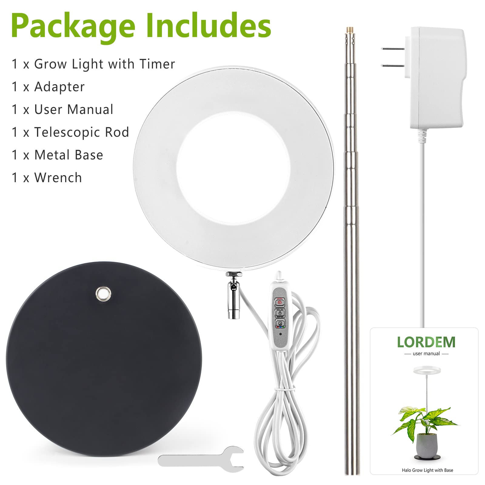 LORDEM Grow Light, LED Plant Light for Indoor Plants Growing, Full Spectrum Desk Growth Lamp with Automatic Timer for 4H/8H/12H, 4 Dimmable Levels, Height Adjustable 9.8"-30.6"