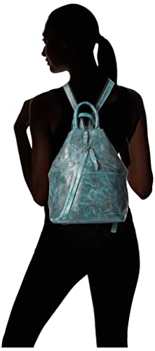 Santiago Sebastian Leathers Ladies leather convertible backpack purse, handbag/backpack, Handmade, Handtooled, Floral pattern, zippers, 3 compartments (Turquoise)