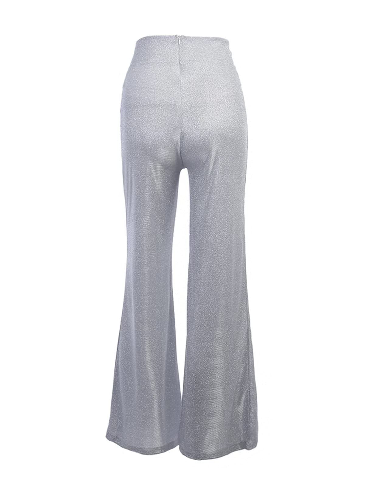 qfmqkpi Women's Sparkly Elastic High Waist Silver Flared Bell Bottom Solid Metallic Palazzo Yoga Pants Disco White L