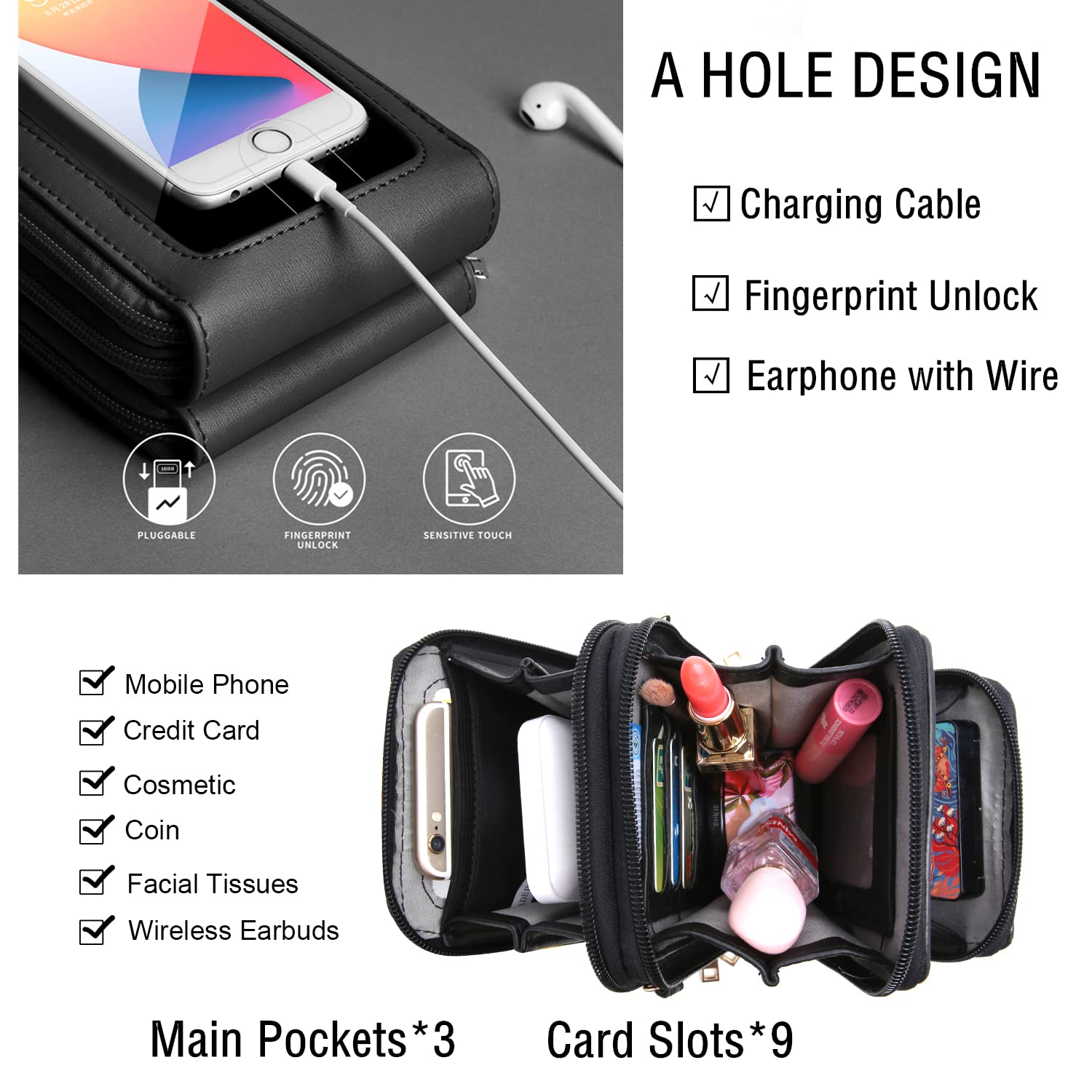 Lightweight touch screen bag purse PU Leather RFID Blocking Women Coin Purse Change Wallet Handbag with Adjustable Strap