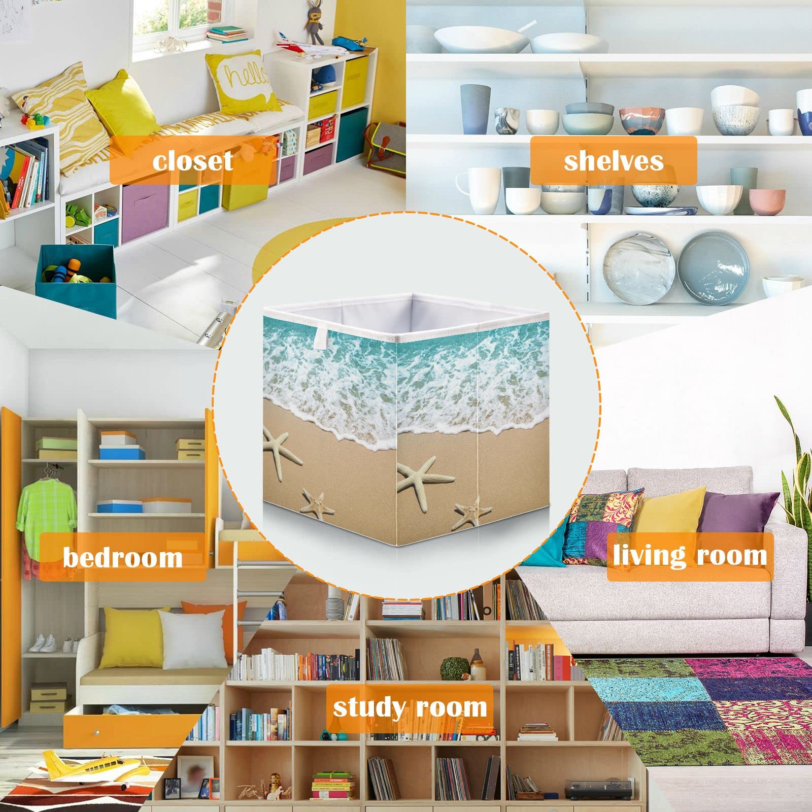 Kigai Storage Basket Summer Beach Shells Foldable Storage Bin 11 X 11 X 11 Inches Cube Storage Baskets Box for Shelves Closet Laundry Nursery Bedroom Home Decor