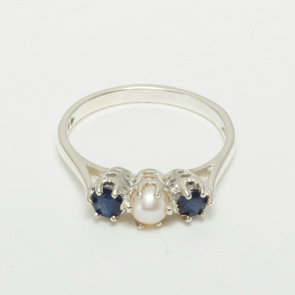 LetsBuyGold 925 Sterling Silver Cultured Pearl & Sapphire Womens Band Ring - Size 7