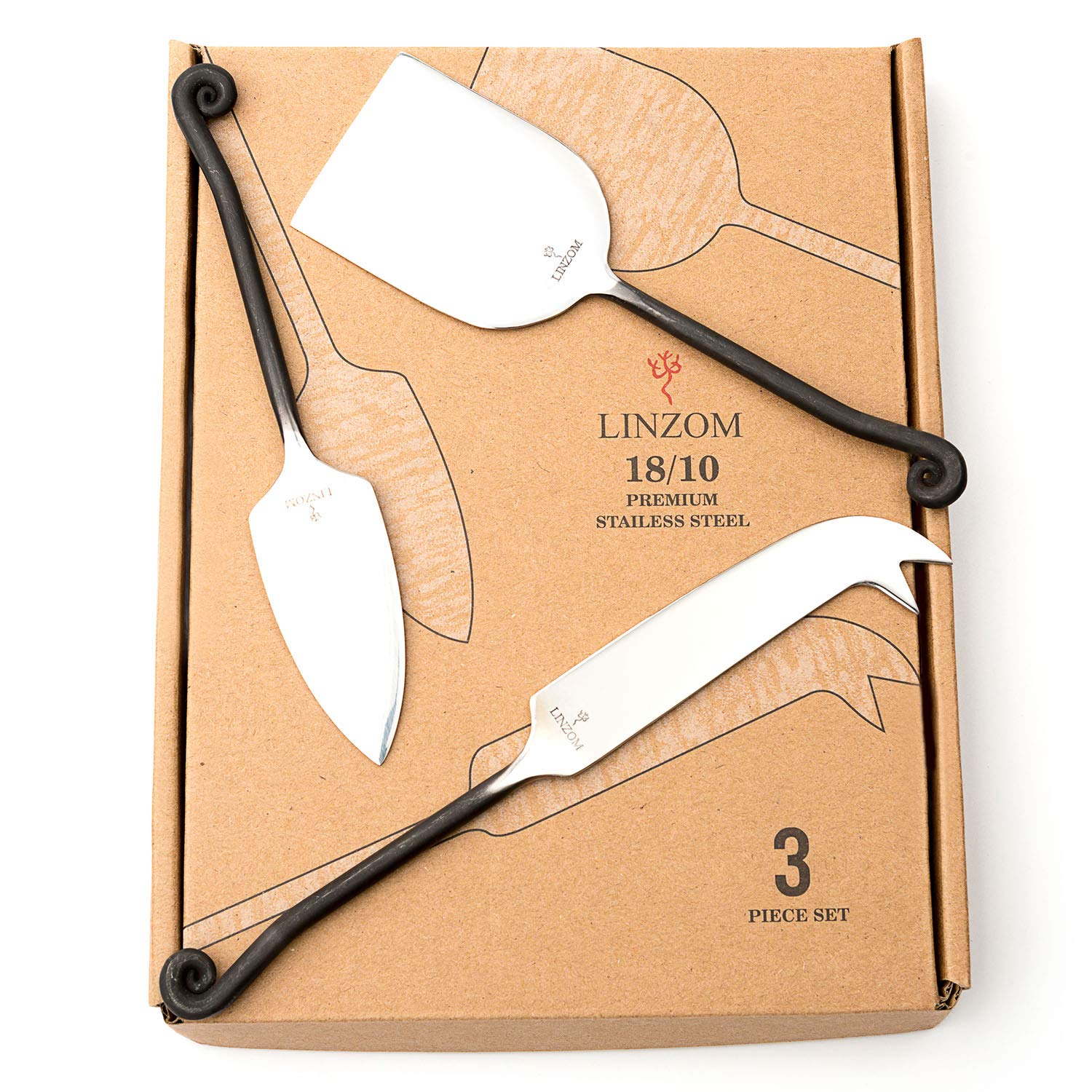 LINZOM Cheese Knife Set, 18/10 Stainless Steel, Hand Forged, Rustic Black, Curled Edge, Set of 3