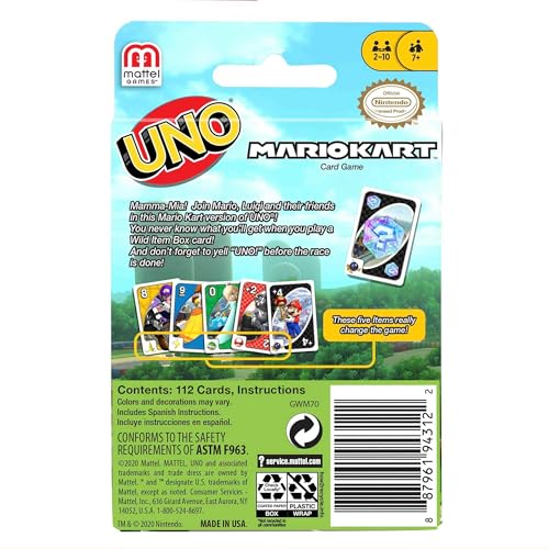 Mattel Games UNO Mario Kart Card Game for Kids, Adults, Family and Game Night with Special Rule for 2-10 Players