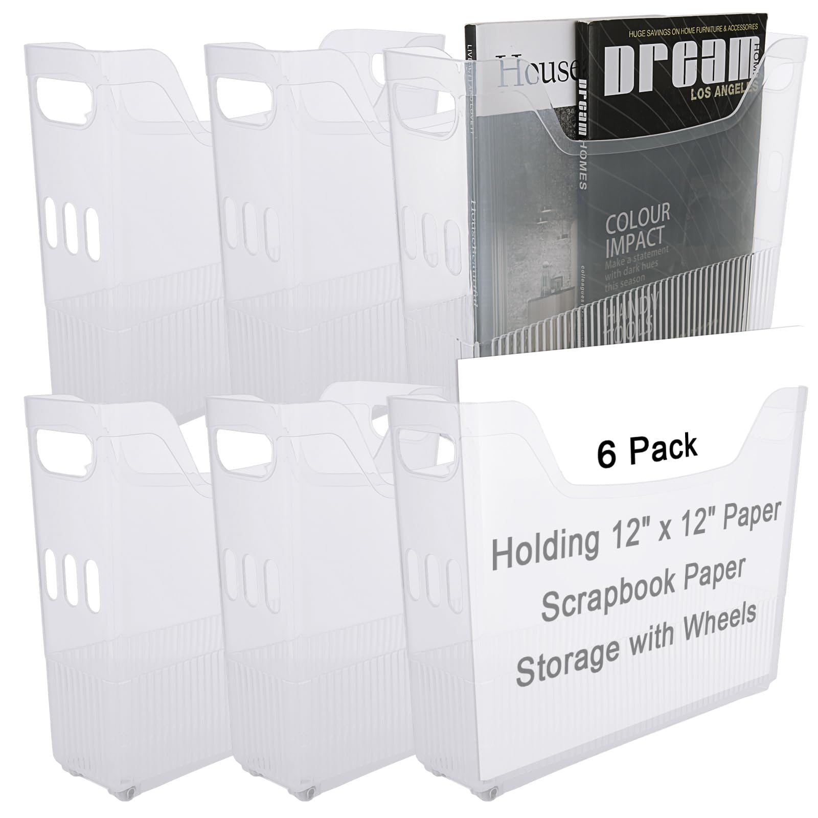 YAYODS 6 Pack 12 x 12 Paper Storage Organizer, Scrapbook Paper Storage with Wheels, Plastic Scrapbook Storage Bin for 12" x 12" Pape, Scrapbook Papers, Cardstocks, Vinyl Sheets, Documents