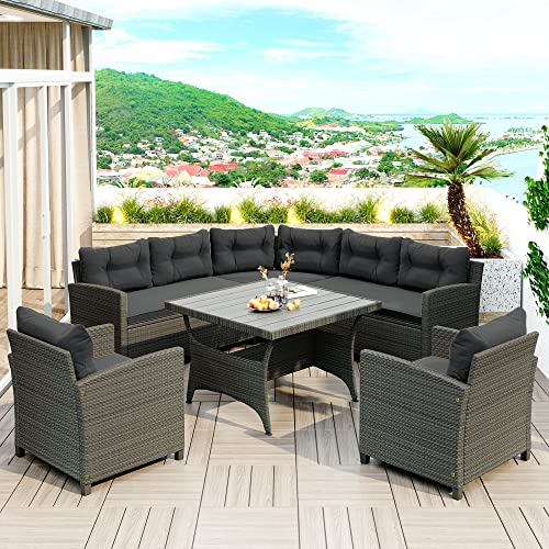 Lifeand Patio Rattan Dinning 6-Piece Outdoor Wicker Sofa Set, Gray