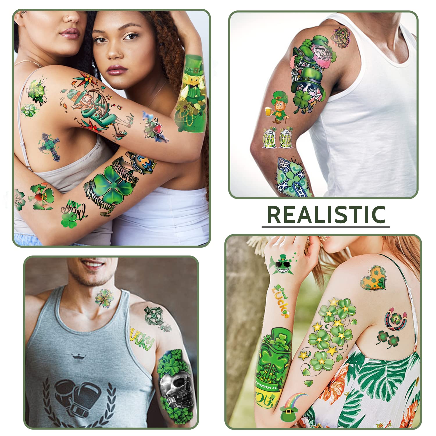 Yazhiji 77sheets St Patricks Day Temporary Tattoo for Girls or Boys 17sheets Larger Half Arm Shamrock Patterned Waterproof Tattoos Stickers for Men or Women And 60 sheets Face Clover Kids Tattoos