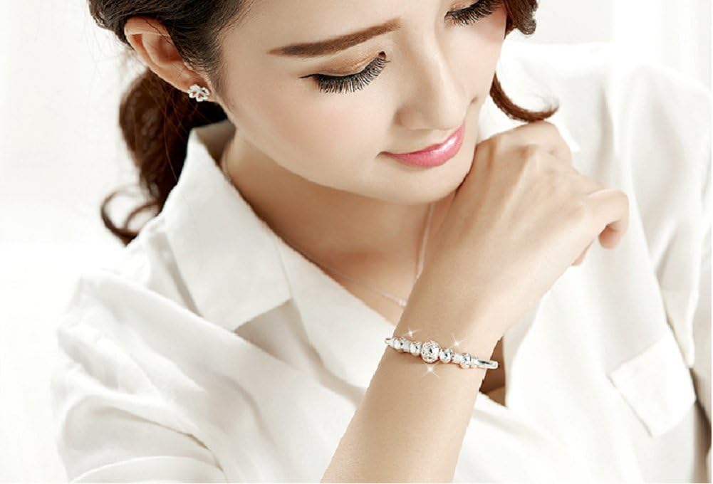 LMCIEZR Women's Simple Sterling Silver Beads Bangle Bracelet Transfer Lucky Beads Bracelet Cuff Bracelet Bangle with Open Design
