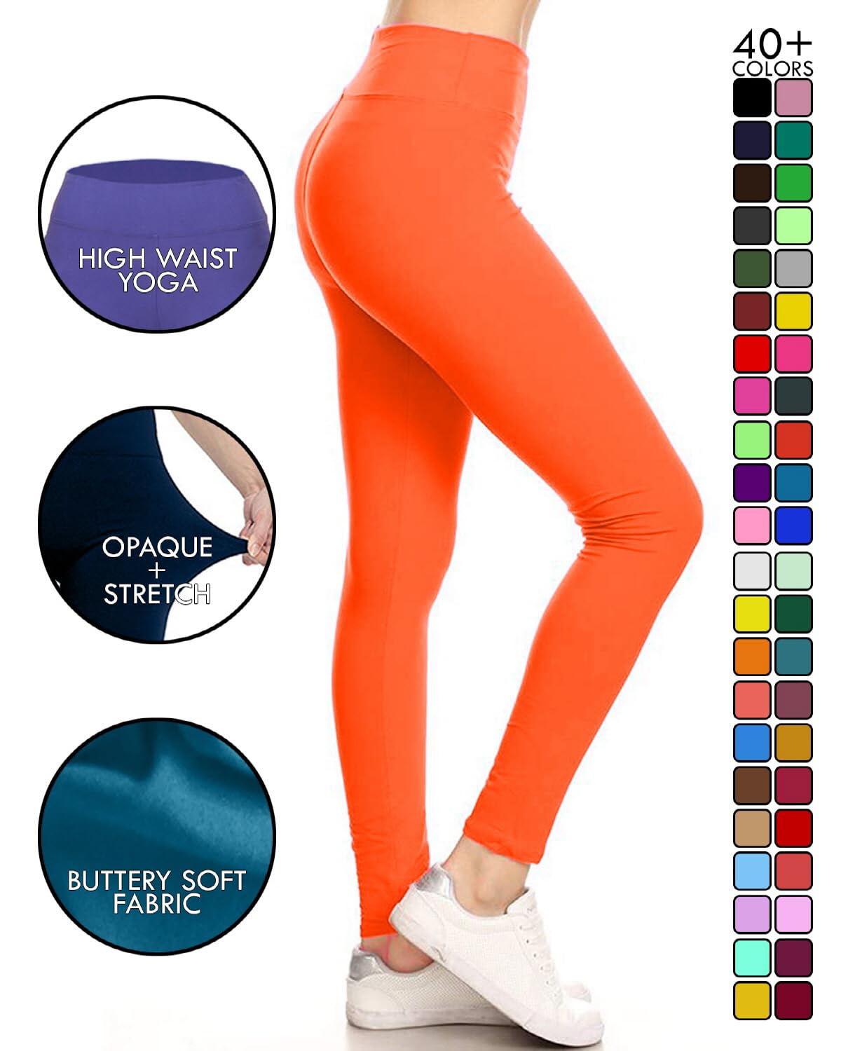 Leggings Depot Women's 3" Waistband Yoga High Waisted Solid Leggings Pants (Full Length, Orange, One Size)