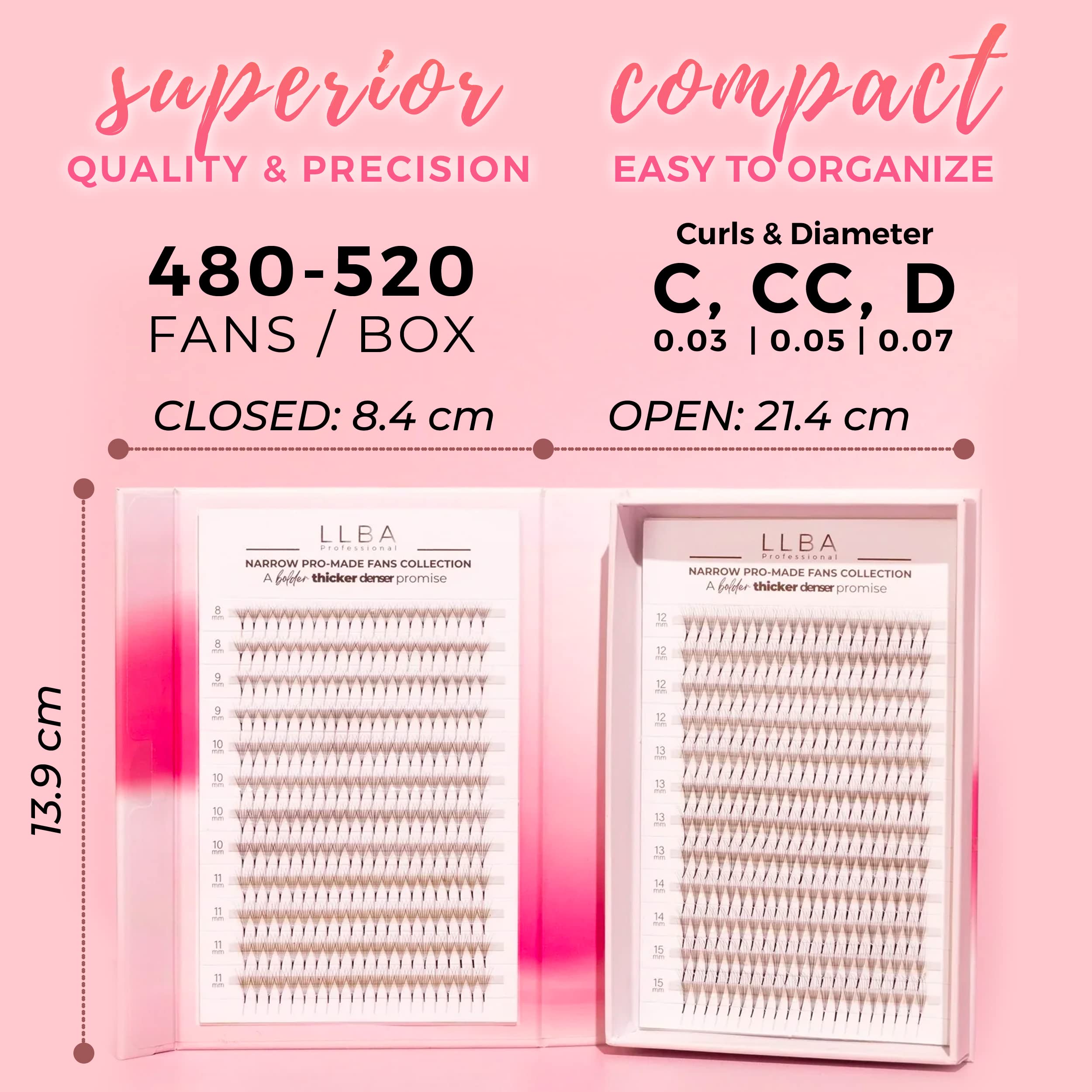 LLBA LashFolio Narrow Promade Fans | Handmade Volume Eyelashes | Multi Selections 5D~10D | C CC D Curl | Thickness 0.03~0.07mm | 8-15mm Length | Long Lasting & Easy Application (10D-0.03 D 8mm-15mm)