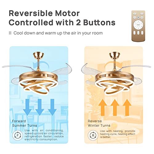 Minfeng Retractable Ceiling Fan with Lights and Remote Control, 42 Inch Farmhouse Ceiling Fans for Bedroom, Living Room, Study, Patio, (Gold)