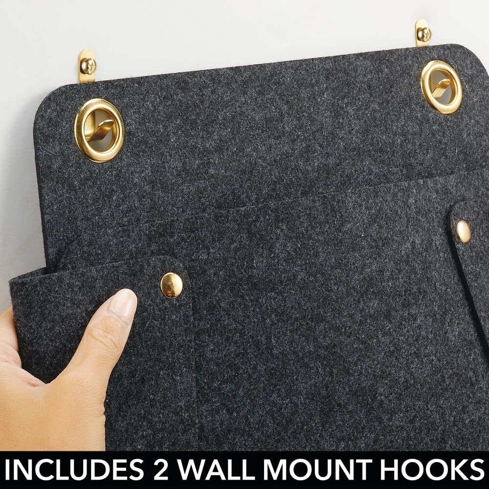 mDesign Soft Felt Over the Door Hanging Storage Organizer for Closets in Bedrooms, Hallway, Entryway, Mudroom - Hooks Included - Textured Print, 2 Pack - Dark Gray/Gold
