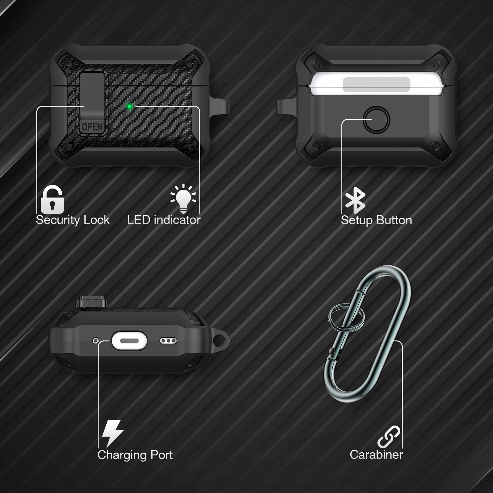 SOTRADE Case Cover (2nd Generation/1st Generation) with Lock Lid, Shock-Absorbing Protective Cover with Keychain for Case 2022 for Men Women [Front LED Visible]