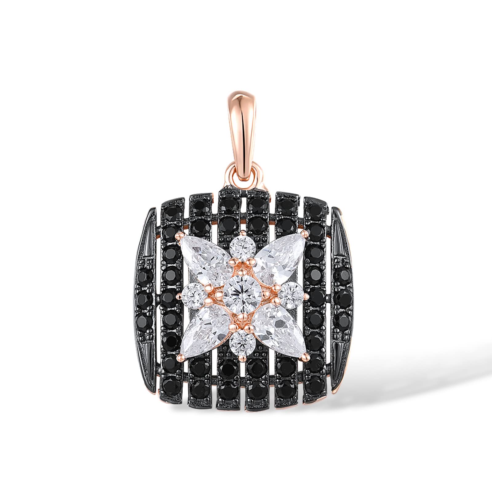 Santuzza 925 Sterling Silver Gemstone Flower Pendant Black Spinel White Cubic Zirconia Cushion Pendant for Women