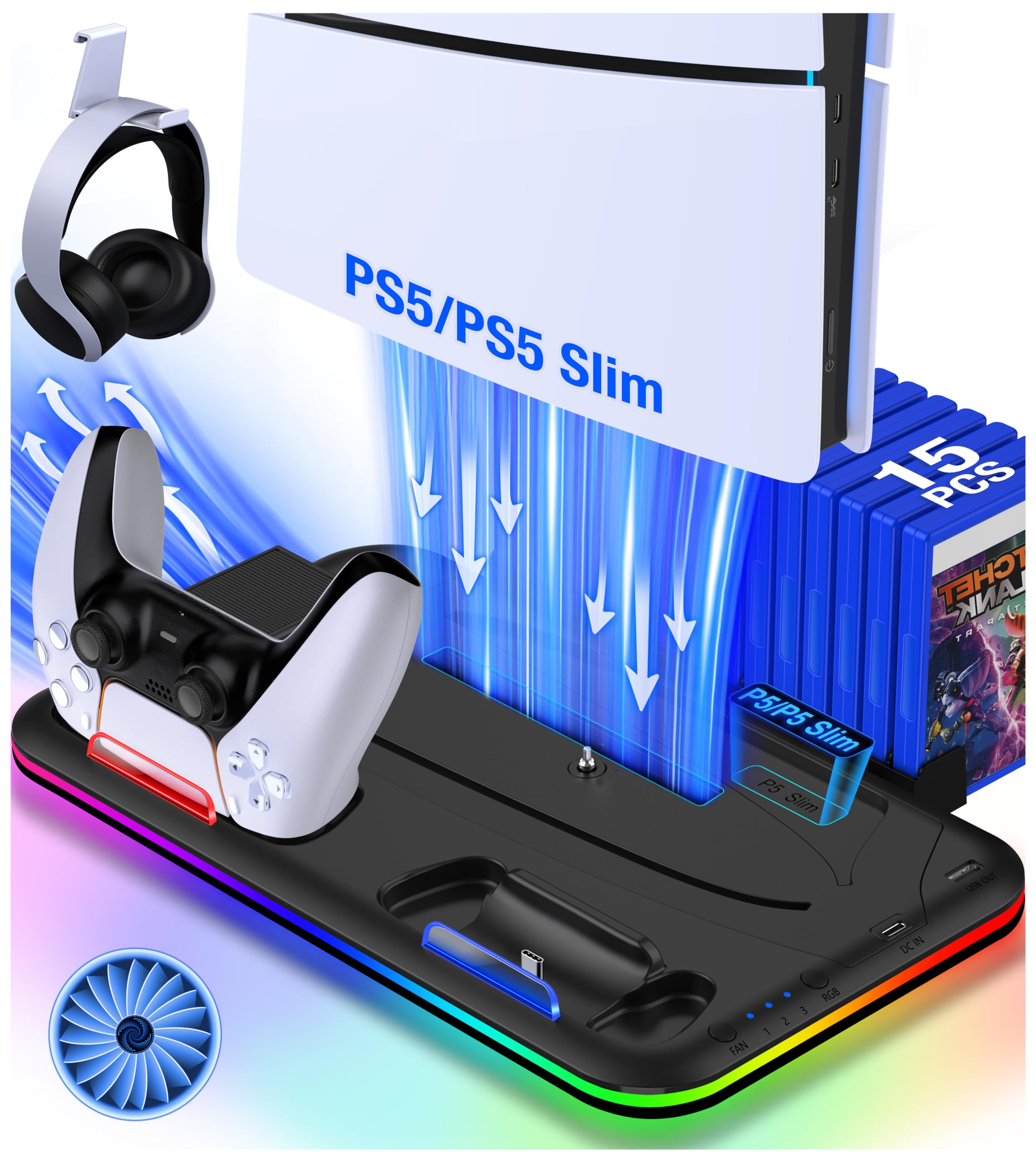 PS5 Stand Cooling Station with Controller Charging Station for Playstation 5 Console, PS5 Accessories with Cooling Fan for PS5 Digital & Disc, Headset Holder, 11 Slot-White (Not Fit 2023 PS5 Slim)