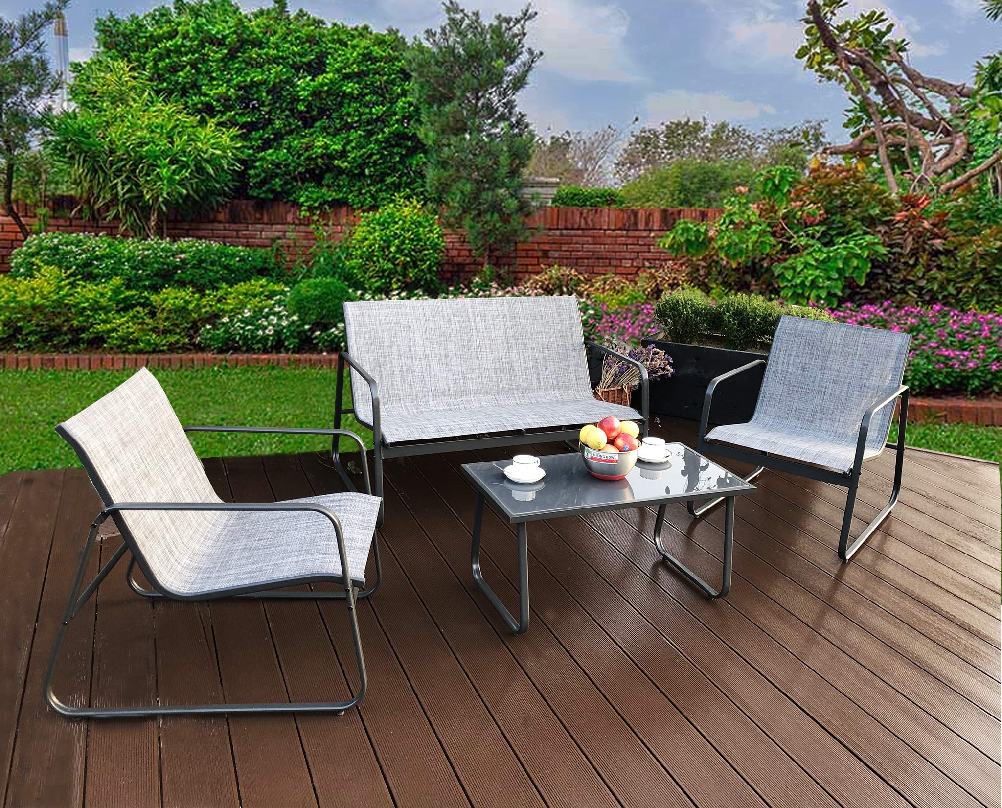 Kozyard Sofia 4 Pieces Outdoor Patio Furniture Conversation Set with Strong Powder Coated Metal Frame, One Love Seat, Two Single Chairs and One Table for Front Porch Balcony Backyad (Gray)