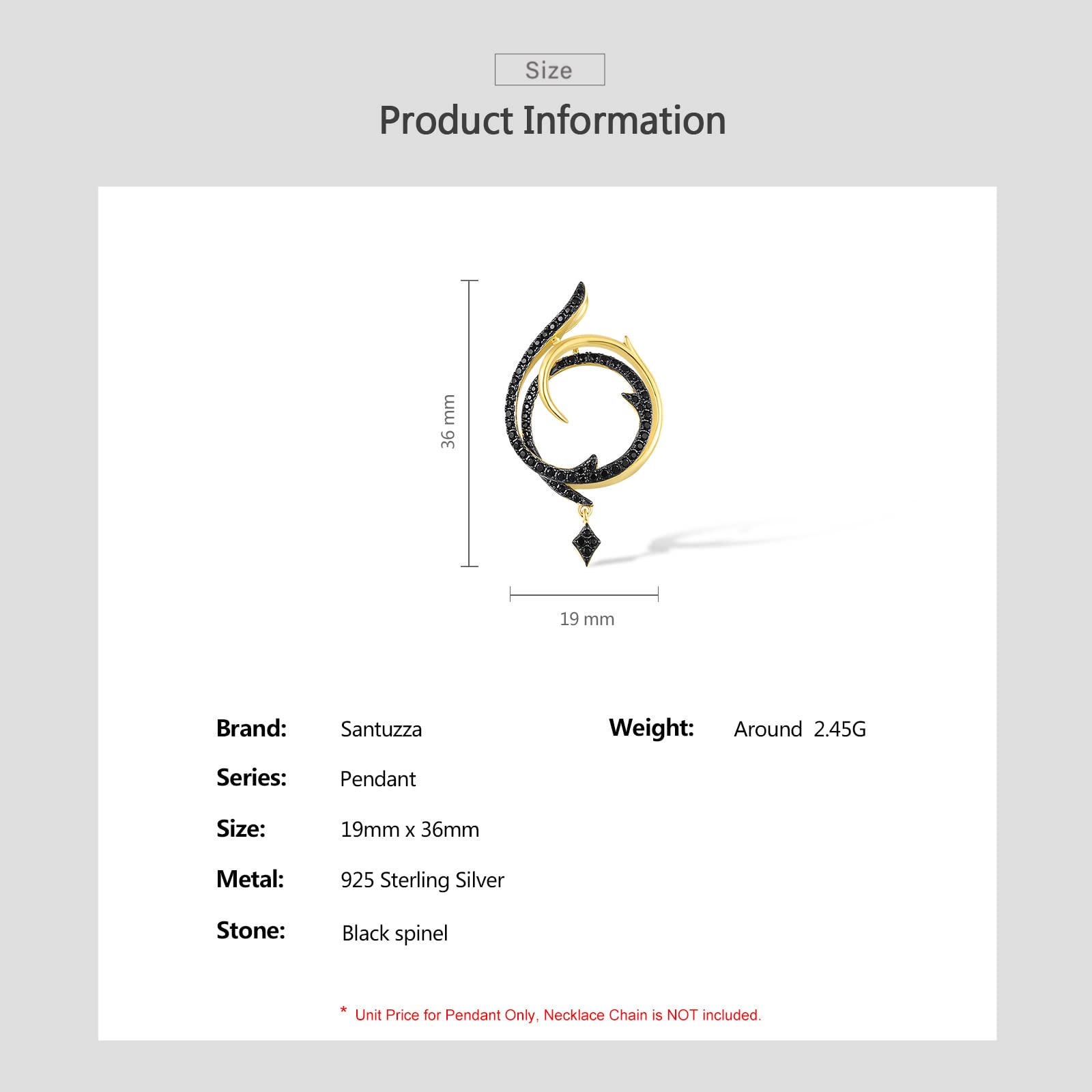 Santuzza 925 Sterling Silver Swirl Gemstone Pendant Black Spinel 14K Yellow Gold Plated Round Pendants for Women