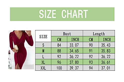 Pinkpaopao Ruched Wasited Split Dress for Women Solid Color Puff Long Sleeve Zipper Dress Deep V Neck Wrap Dress