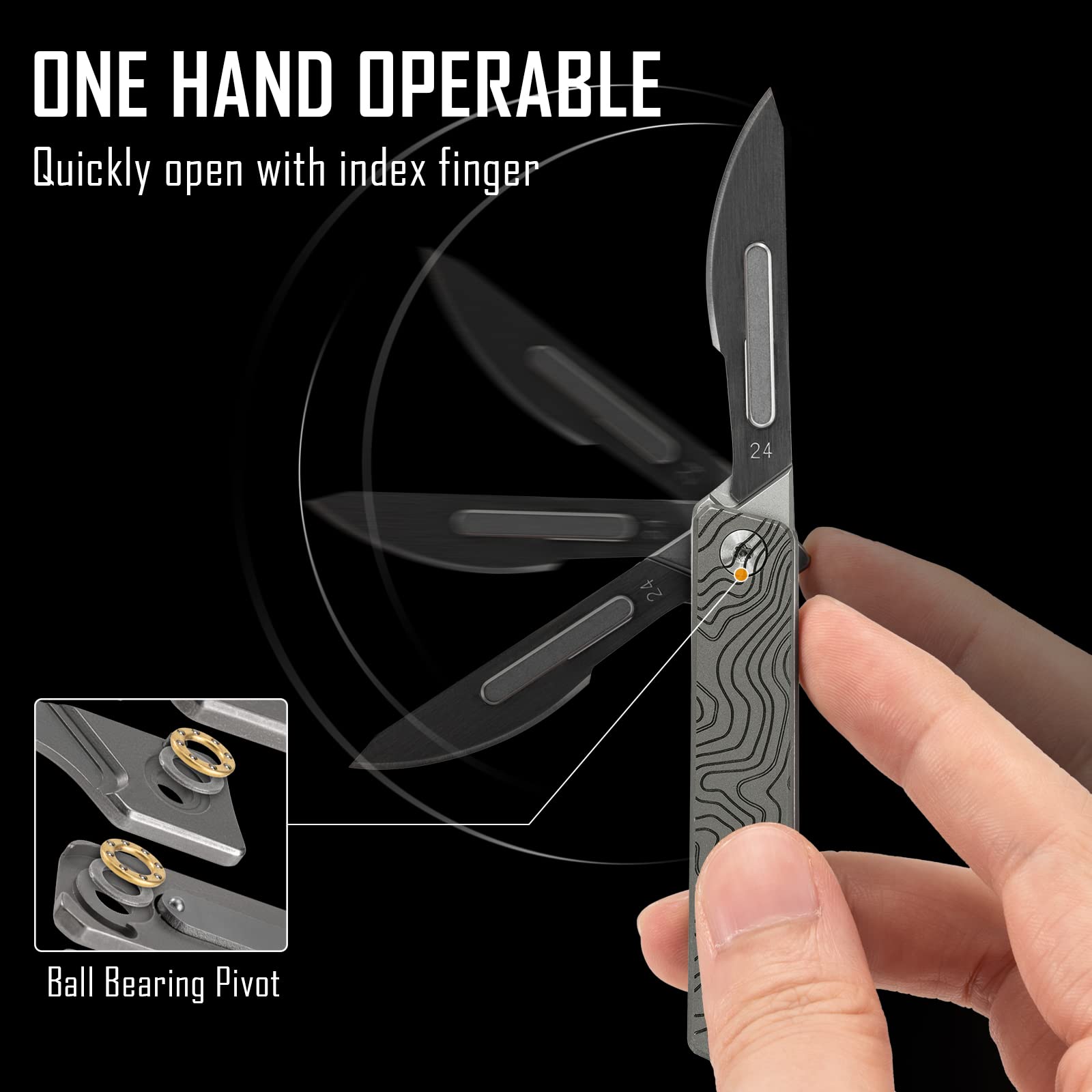 KeyUnity KK02 Titanium Flipper Pocket Knife, Quick Open Keychain Folding Knife with #24 Replaceable Blades for Everyday Carry (Suminagashi Pattern)