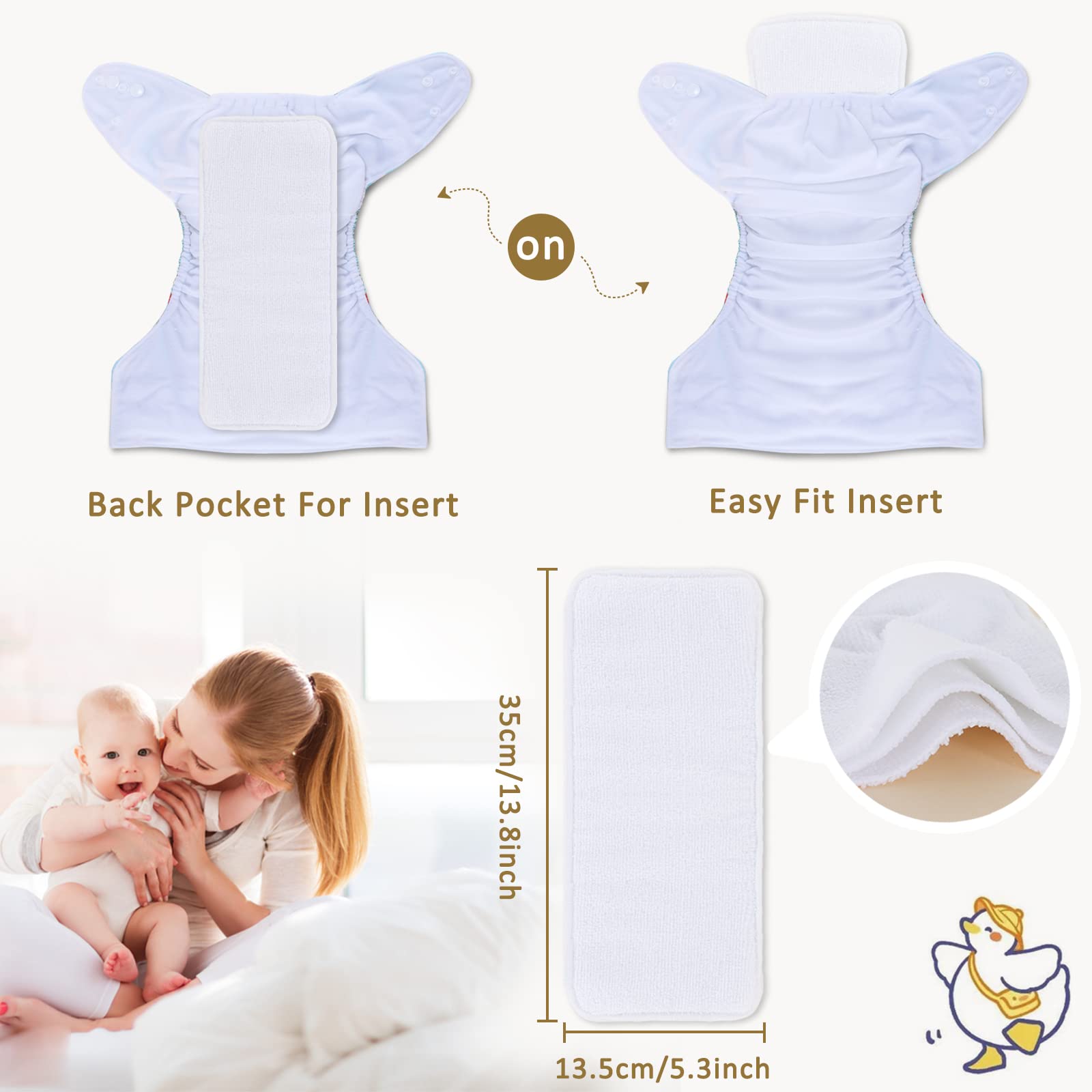 TDIAPERS Cloth Diapers for Babies One Size Adjustable Washable Reusable for Baby Girls and Boys 8 Pack with 6 Inserts, 1 Wet Bag