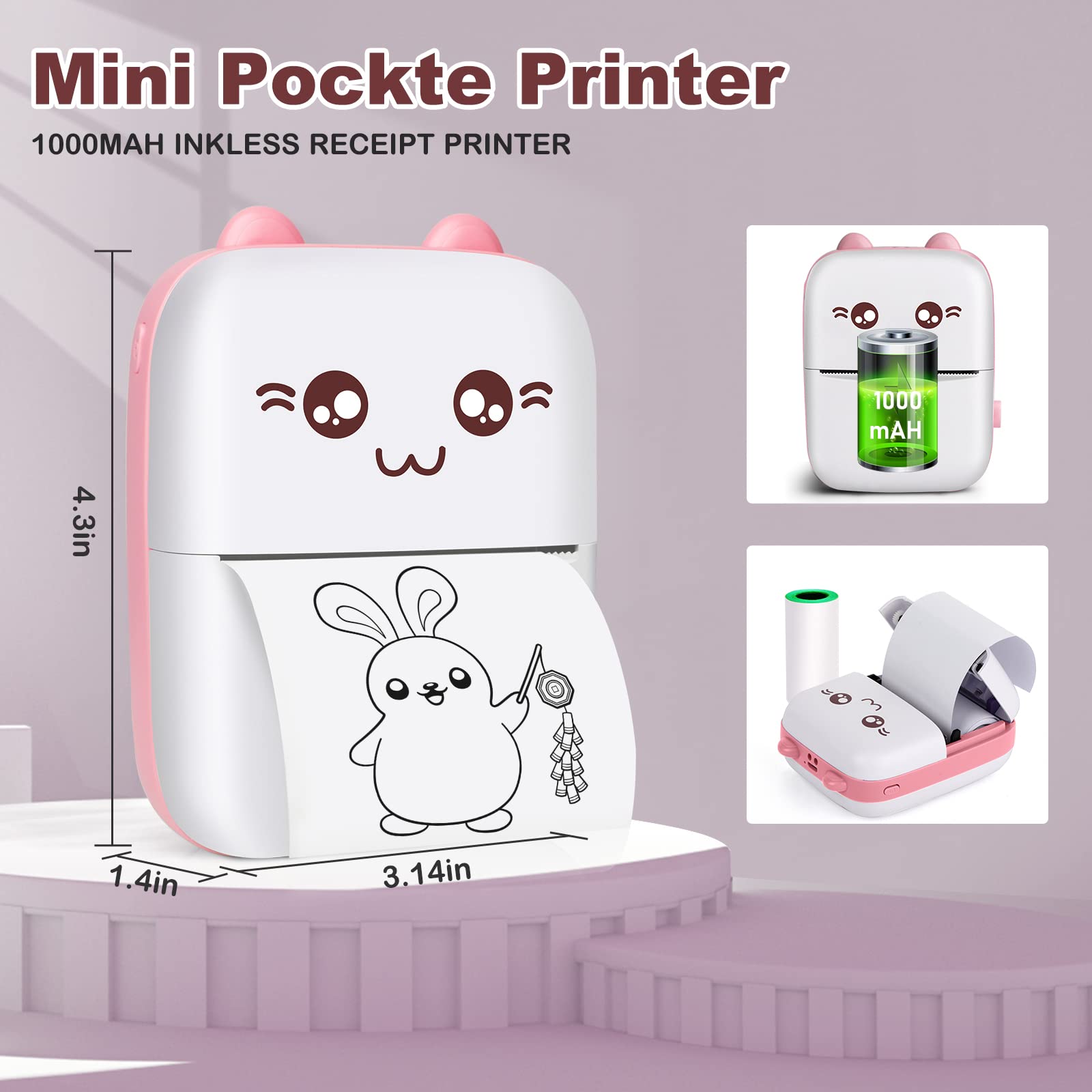 Zeacool Mini Pocket Printer,Portable Thermal Printer for Sticker,Label,Text Memo,Receipt,Photo,BT Inkless Printing,Gifts for Kids,Wireless Bluetooth Printer Compatible with iOS and Android (Pink)