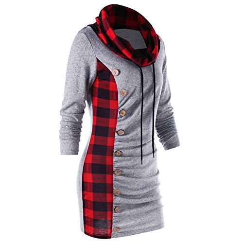 Pinkpaopao Splicing Plaid Printed Dress for Women Long Sleeve Button Decoration Mini Dress Ruched Drawstring Wrap Dress