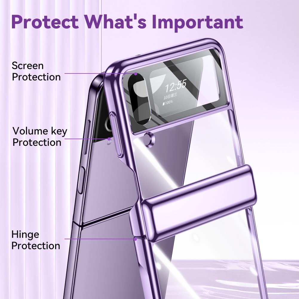 LEIAU for Samsung galaxy z-Flip-4 Case: Transparent Electroplating Protective Phone Case with Full Cover Hinge Protection, Clear Case with Screen Protector for Galaxy Z Flip 4 5G (Purple)