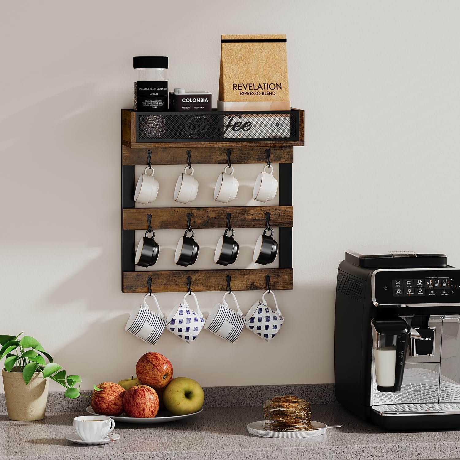YINMIT Coffee Mug Rack Wall Mounted,Coffee Cup Holder with 12 Hooks,Wood Mug Organizer with Top Shelf for Coffee Beans,Sugar Jar,3-Tier Mug Display for Home,Office,Kitchen