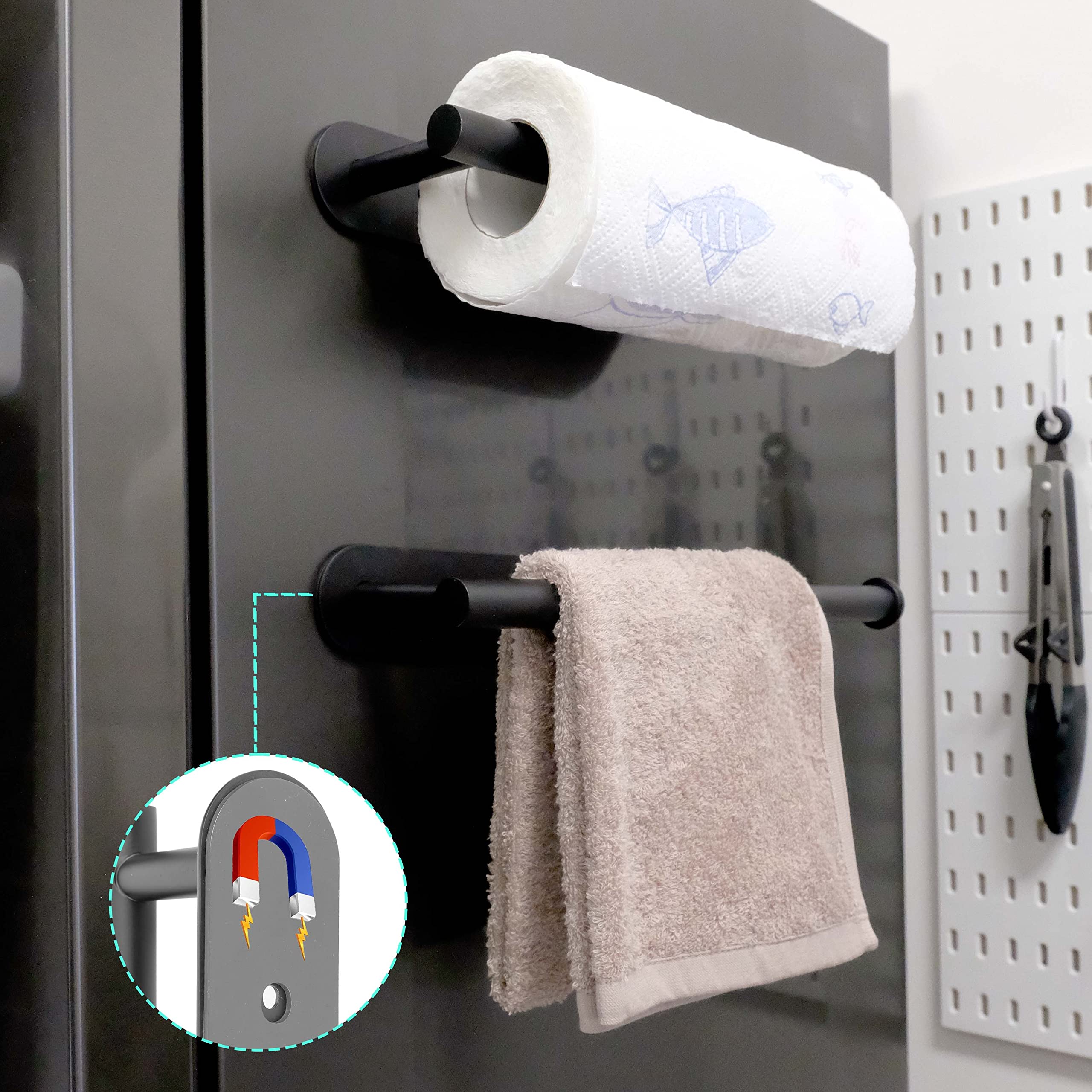 KIHOGEM Magnetic Paper Towel Holder, Self Adhesive Paper Towel Holder Wall Mount, Strong Magnetic Backing Paper Towel Holder for Refrigerator Grill RV Garage(Black)…