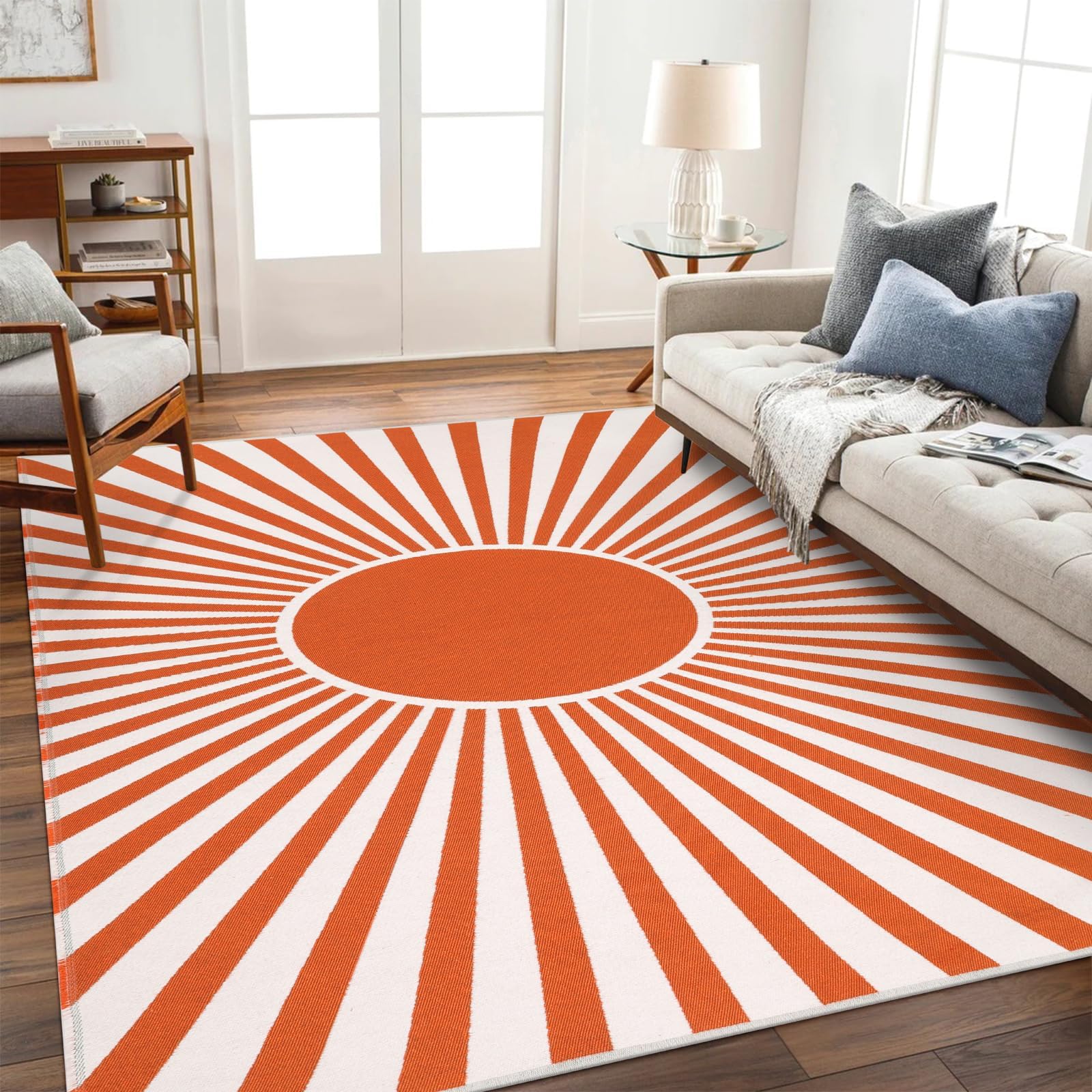 LEEVAN Boho Rug for Living Room, Machine Washable Rugs, Farmhouse 4x6 Rug Cotton Woven Bedroom Rug, Entryway Rugs Indoor, Orange&White