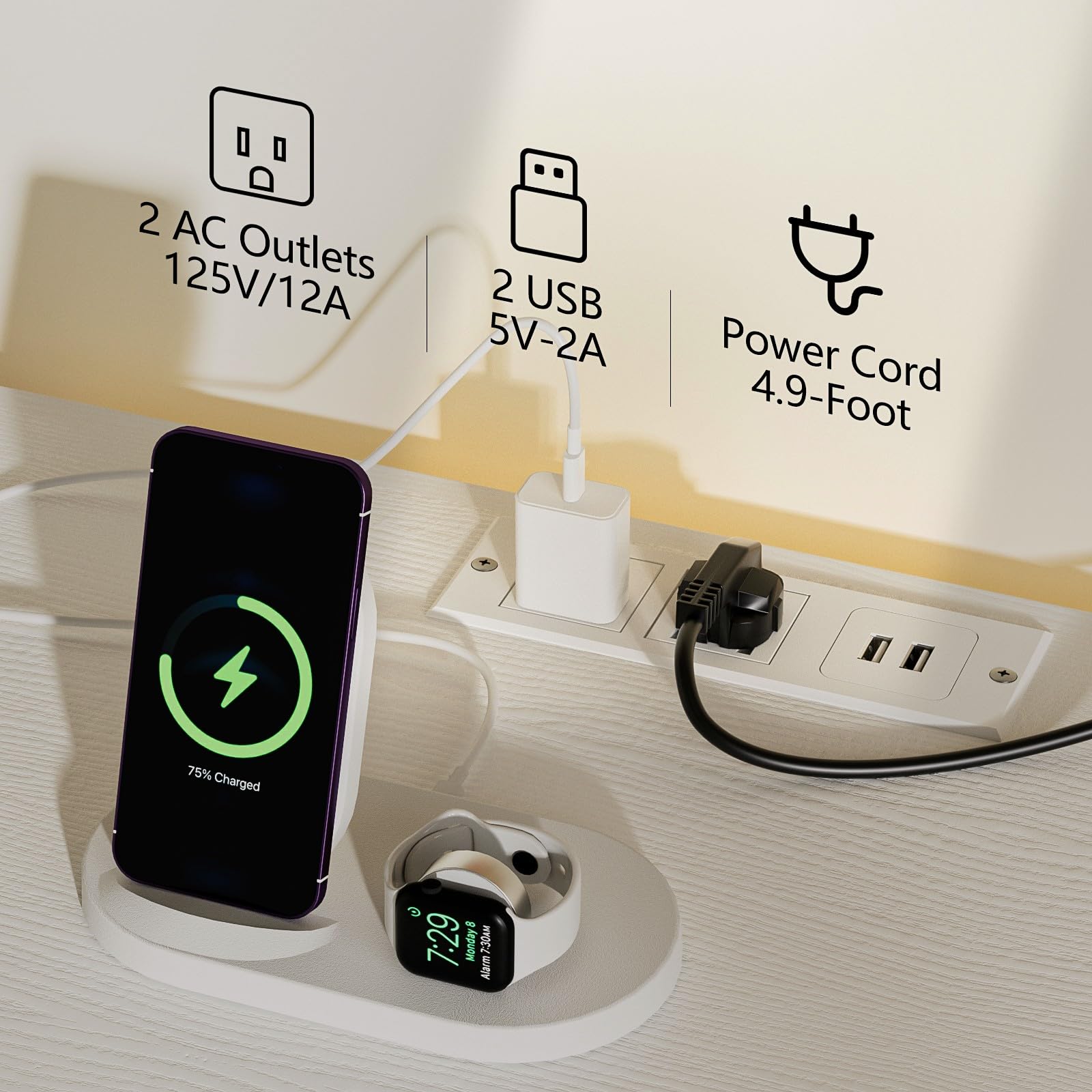 YIPPPPE White Nightstand with Charging Station, Led Night Stand, Bedside Table with 4 Drawers & Storage Shelf for Bedroom Dorm Small Space, 2 Hooks and 1 Side Pocket, White